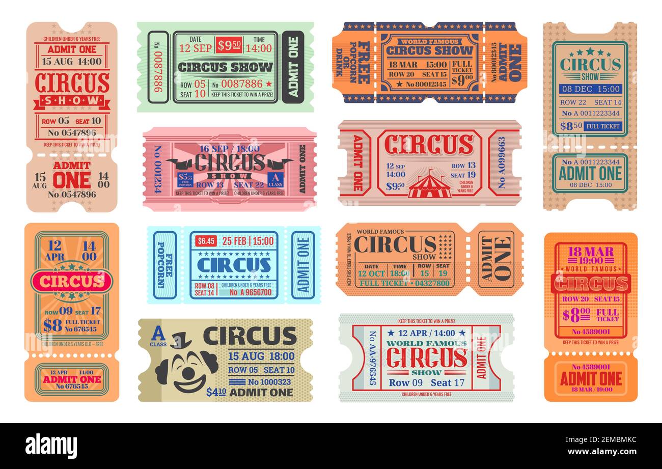 Zirkus Karneval Show Vektor Retro Tickets. Eintrittsgutscheine für die ... Zirkus Karneval Show Vektor Retro Tickets. Eintrittsgutscheine für die ...