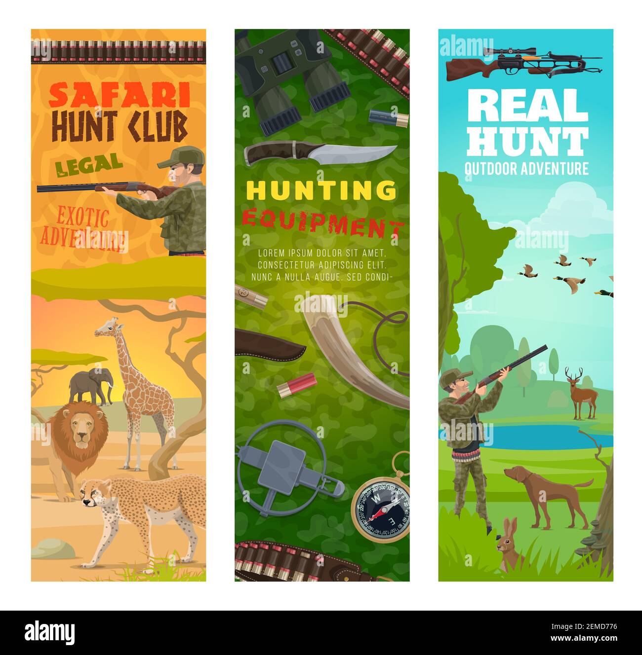 Jagd Sport Banner mit Vektor-Jäger, Tiere, Jagdausrüstung und Munition ...