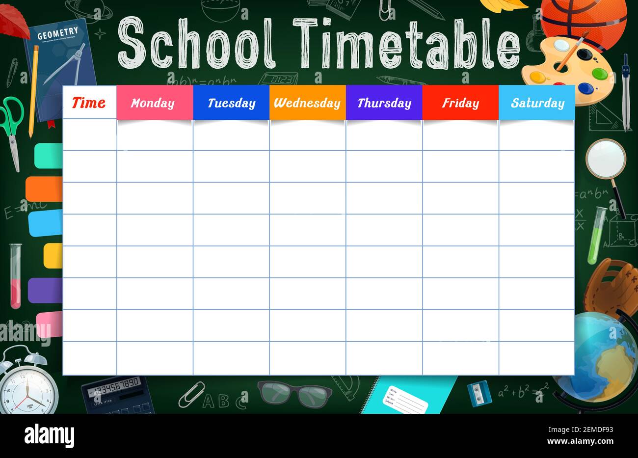 Schulplan mit Schreibwaren, Werkzeugen und Lesezeichen Planer Vektor ...