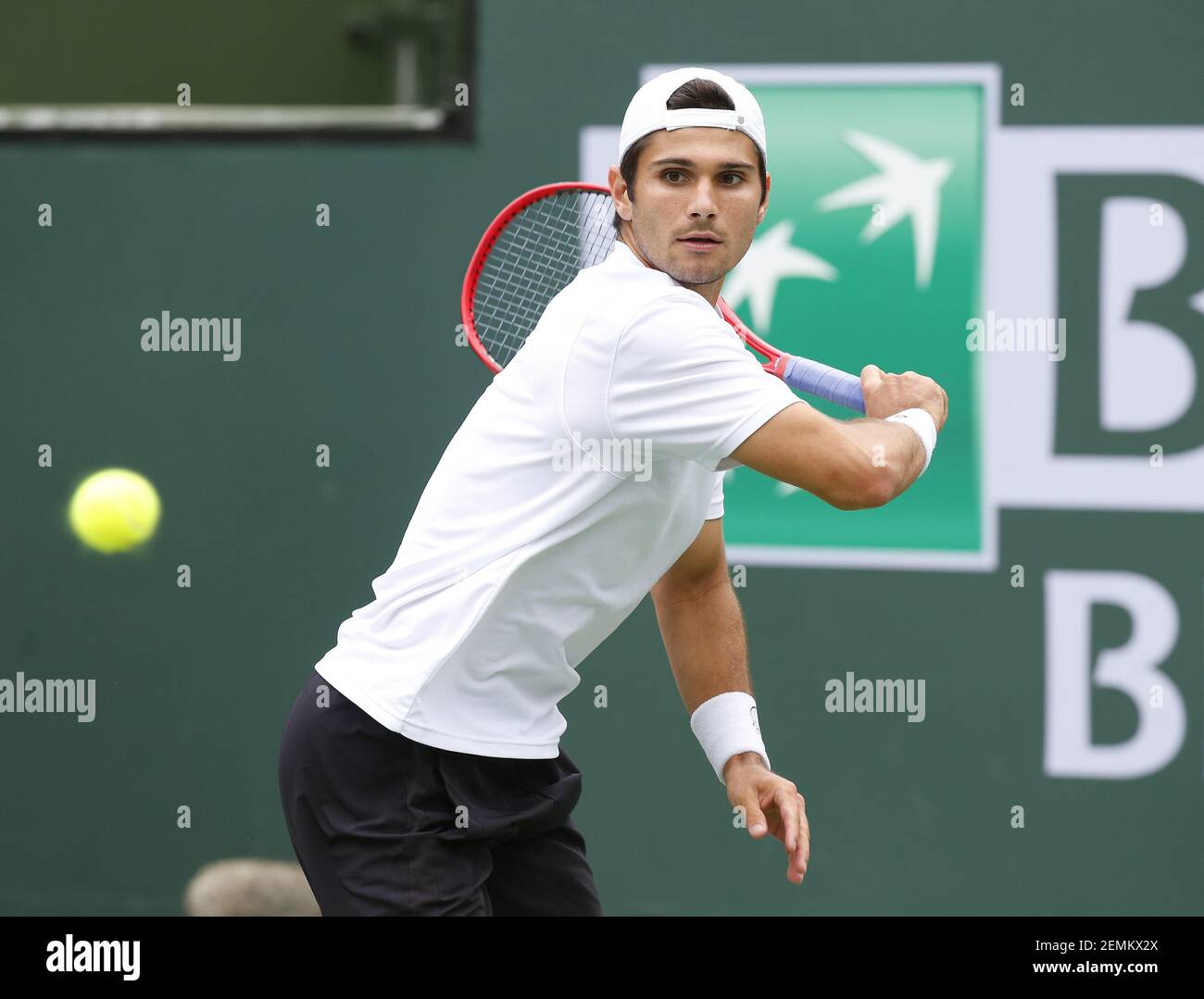 11. März 2019 Marcos Giron gibt einen Schuss gegen Milos Raonic (CAN ...