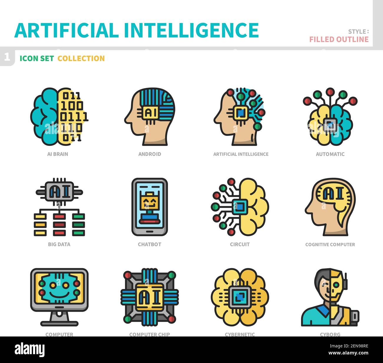 Künstliche Intelligenz Icon Set, gefüllte Umrissstil, Vektor und ... Künstliche Intelligenz Icon Set, gefüllte Umrissstil, Vektor und ...
