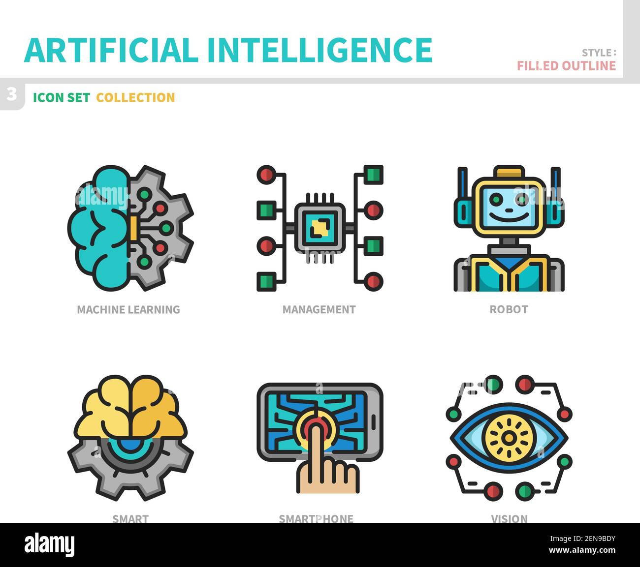 Künstliche Intelligenz Icon Set, gefüllte Umrissstil, Vektor und ... Künstliche Intelligenz Icon Set, gefüllte Umrissstil, Vektor und ...