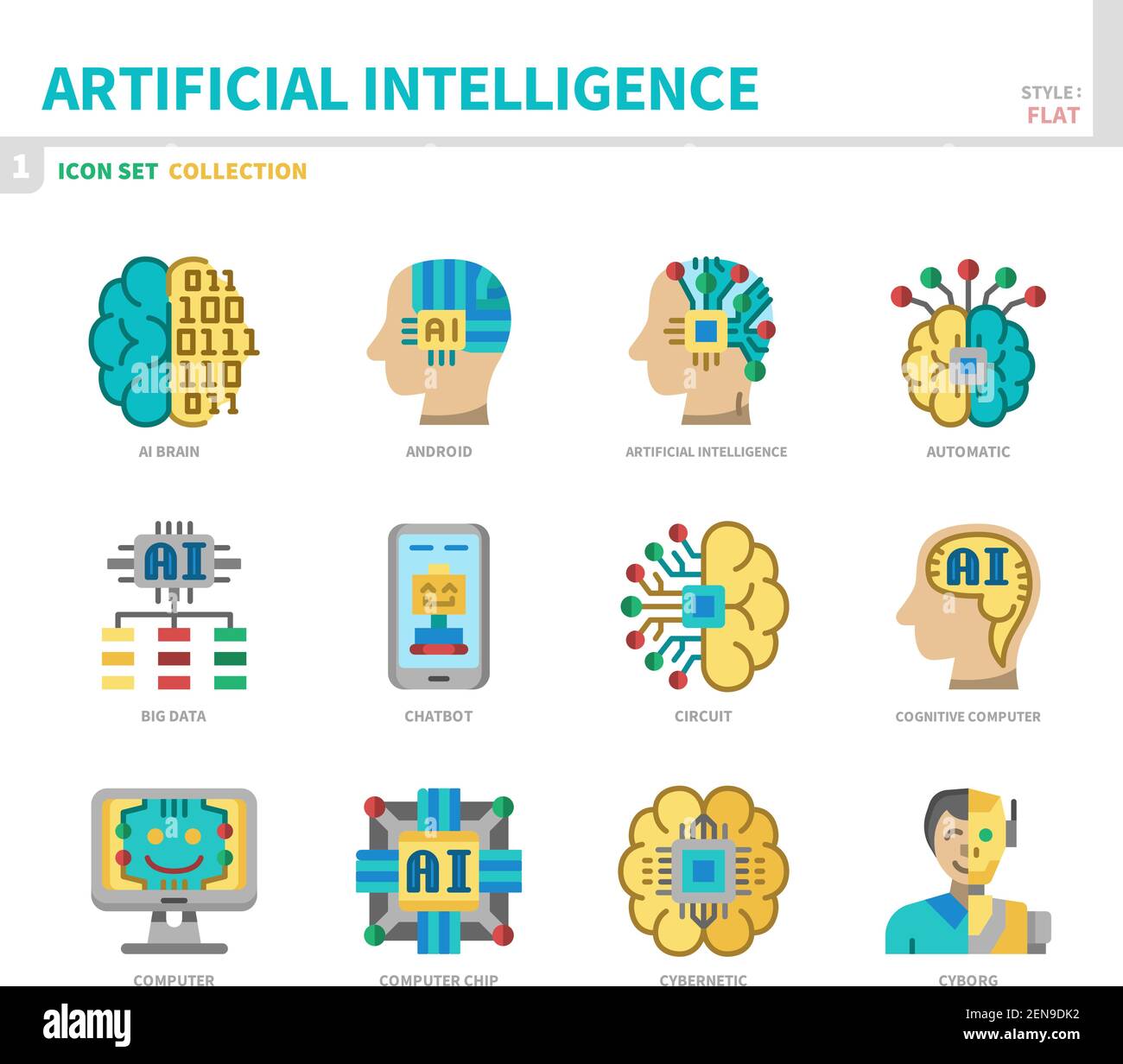 Künstliche Intelligenz Icon Set, flacher Stil, Vektor und Illustration ... Künstliche Intelligenz Icon Set, flacher Stil, Vektor und Illustration ...