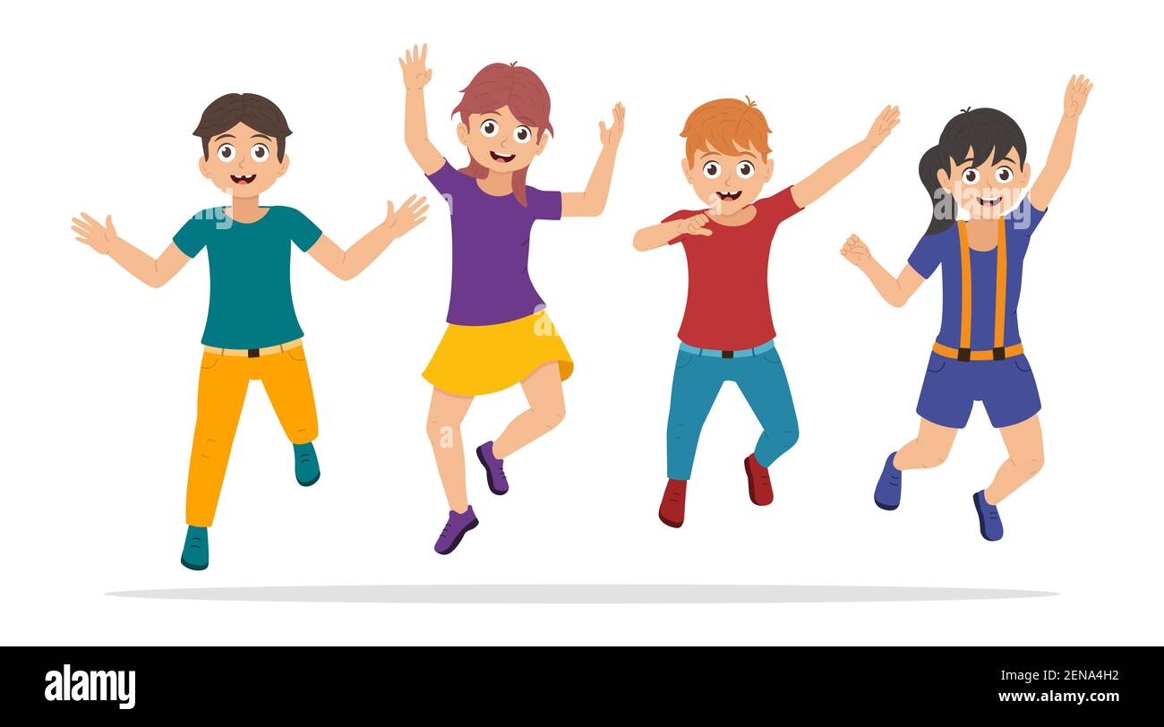 Glückliche Kinder springen, Jungen und Mädchen haben Spaß, Charaktere ...