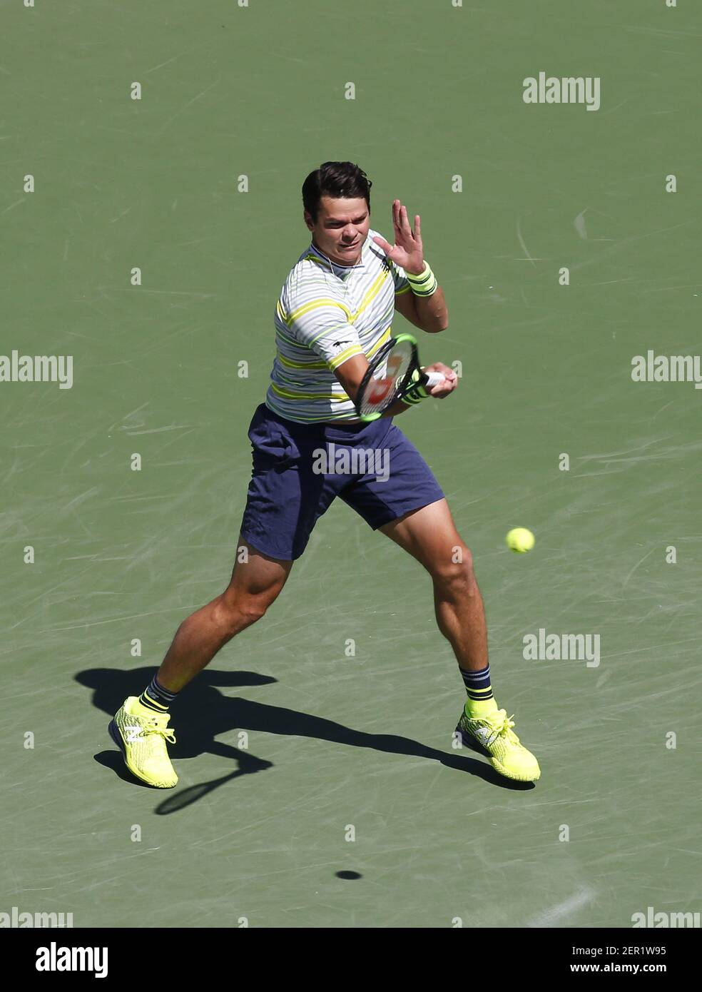 16. März 2018 Milos Raonic (CAN) gibt während der BNP Paribas Open im ...