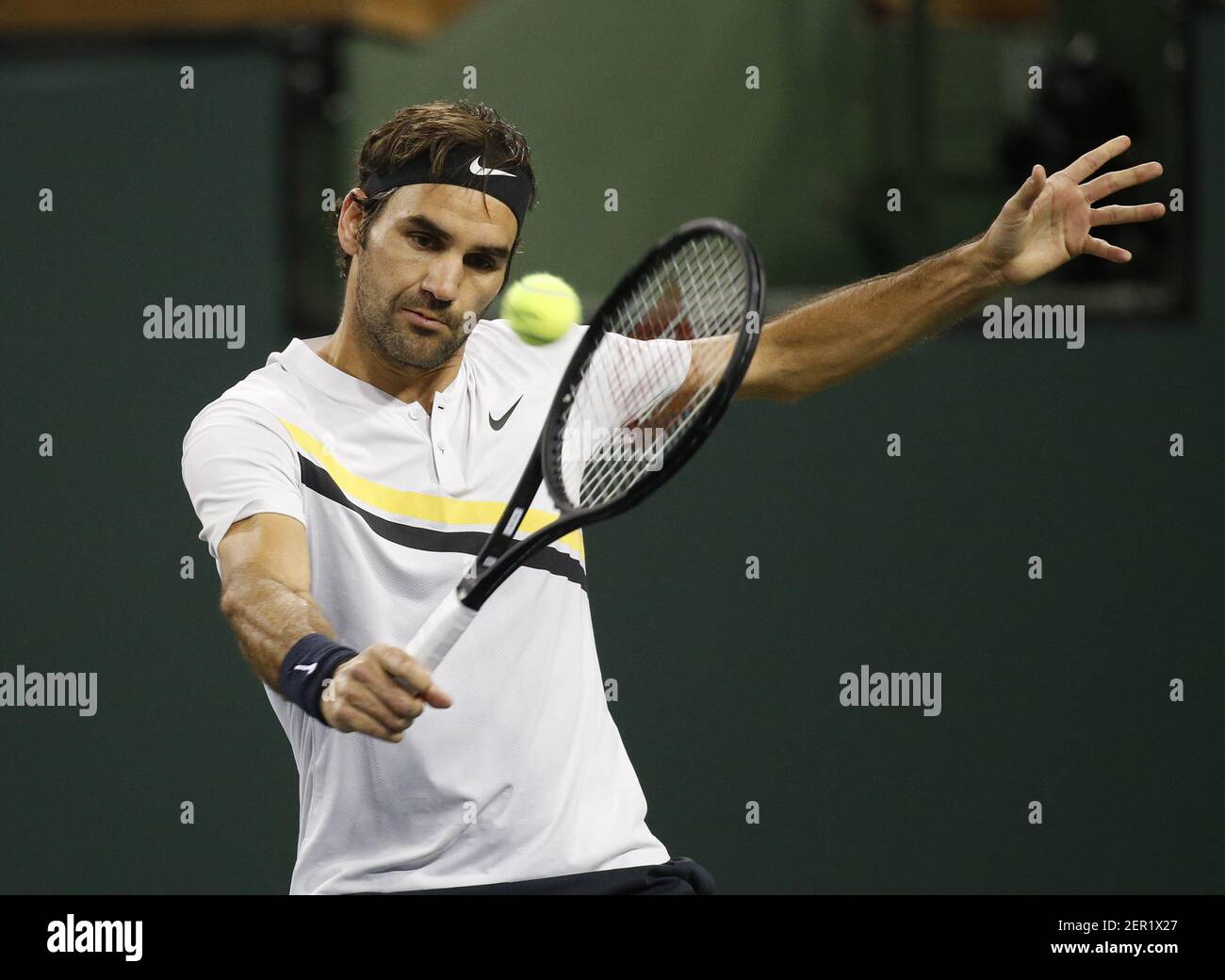 15. März 2018 Roger Federer (SUI) gibt einen Schuss gegen Hyeon Chung ...