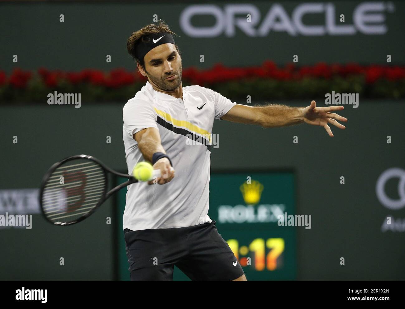 15. März 2018 Roger Federer (SUI) gibt einen Schuss gegen Hyeon Chung ...