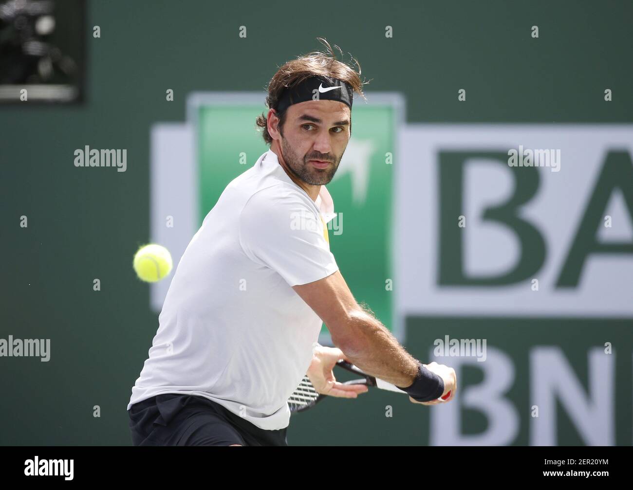 17. März 2018 Roger Federer (SUI) gibt im Halbfinale der BNP Paribas ...