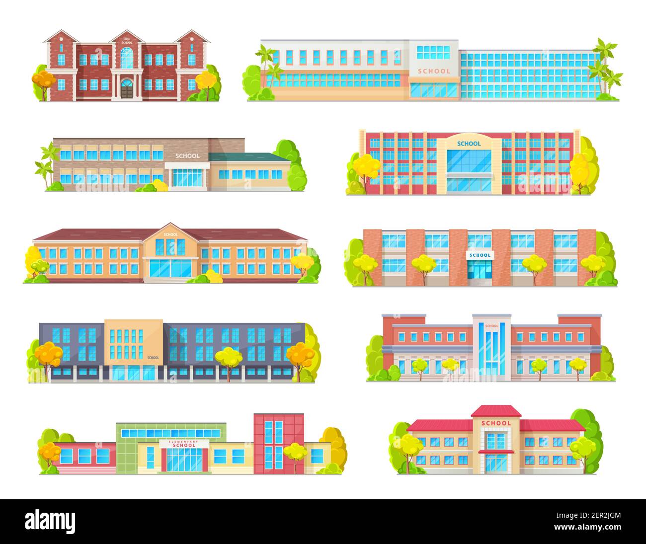 Schulbildung Gebäude isoliert Vektor-Icons mit Grund-, Junior-, Grund ...