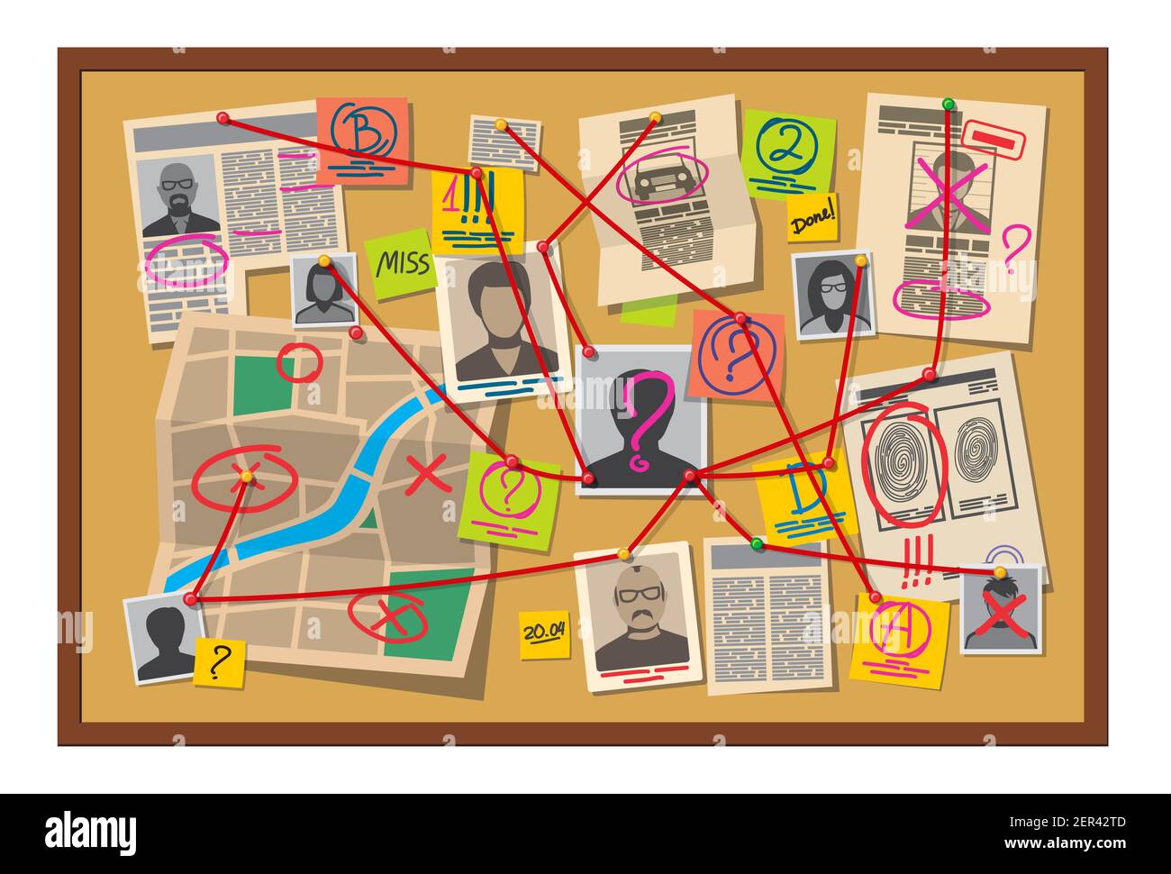 Crime Board mit Pins und Beweismaterial verbunden mit roten Faden ...