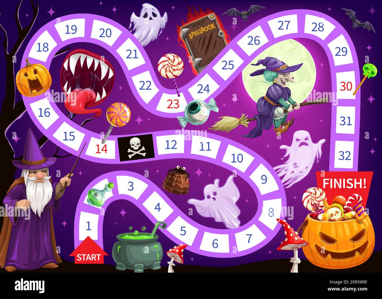 Halloween beginnen, Kinder Brett Spiel Vektor-Vorlage zu beenden ...