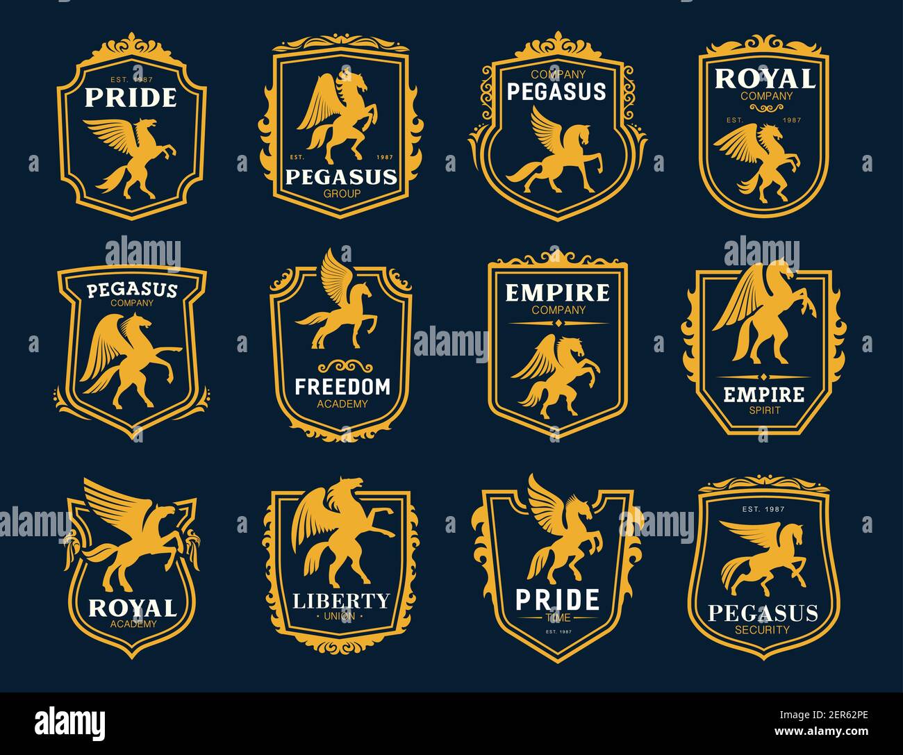 Pegasus-Symbole. Heraldische geflügelte Pferde Symbole. Königliches ...
