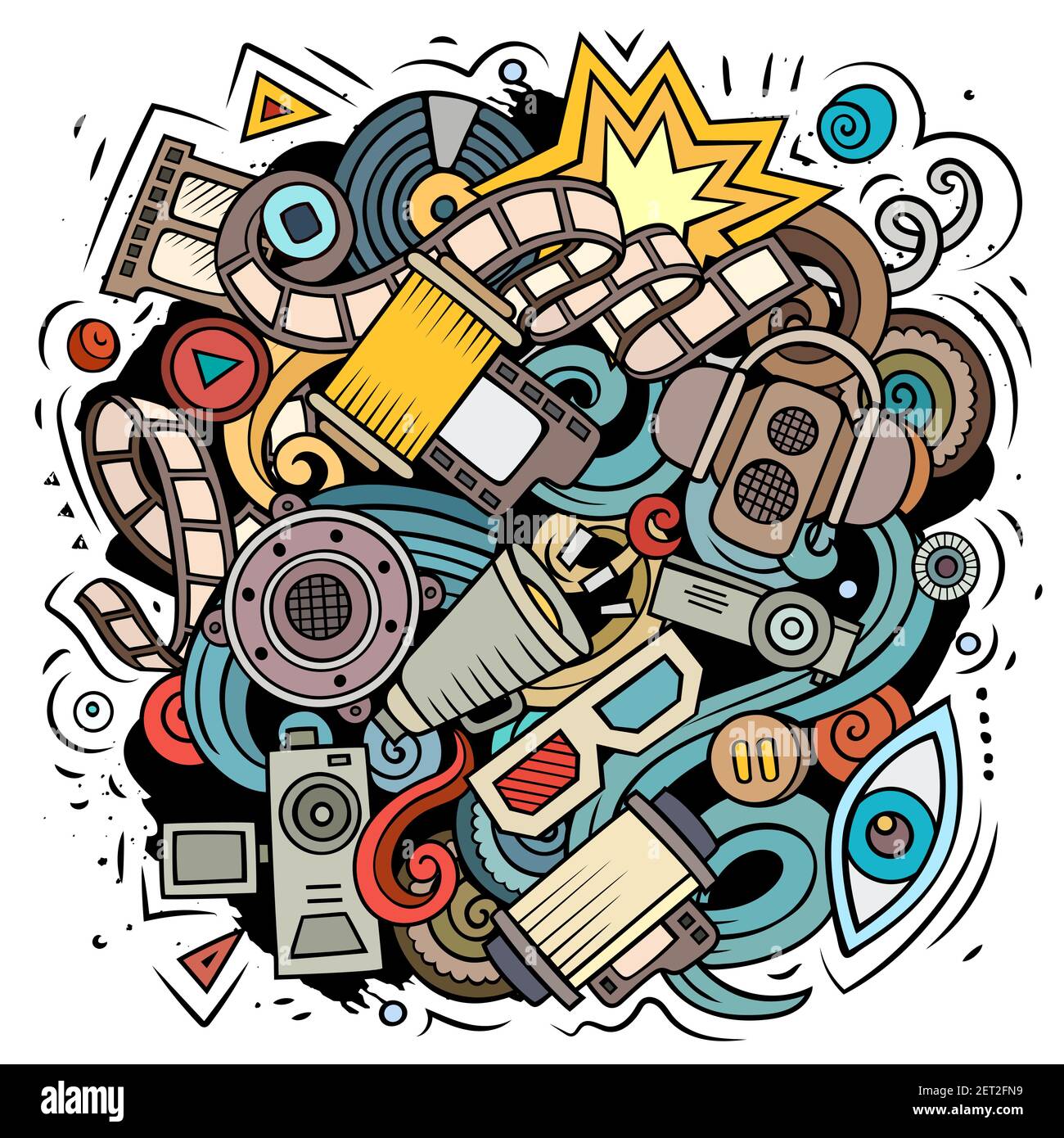 Kino Cartoon Vektor Doodle Design. Farbenfrohe, detailreiche ...