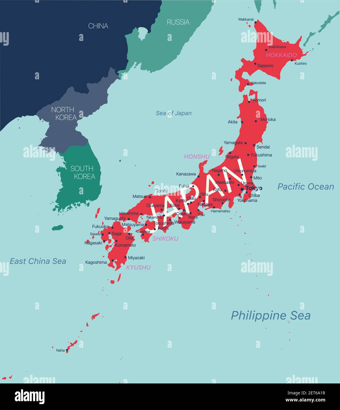 JAPAN Detaillierte editierbare Karte mit Regionen Städte und Städte ...