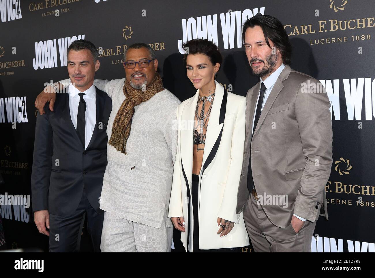 Chad Stahelski, Laurence Fishburne, Ruby Rose und Keanu Reeves bei der ...