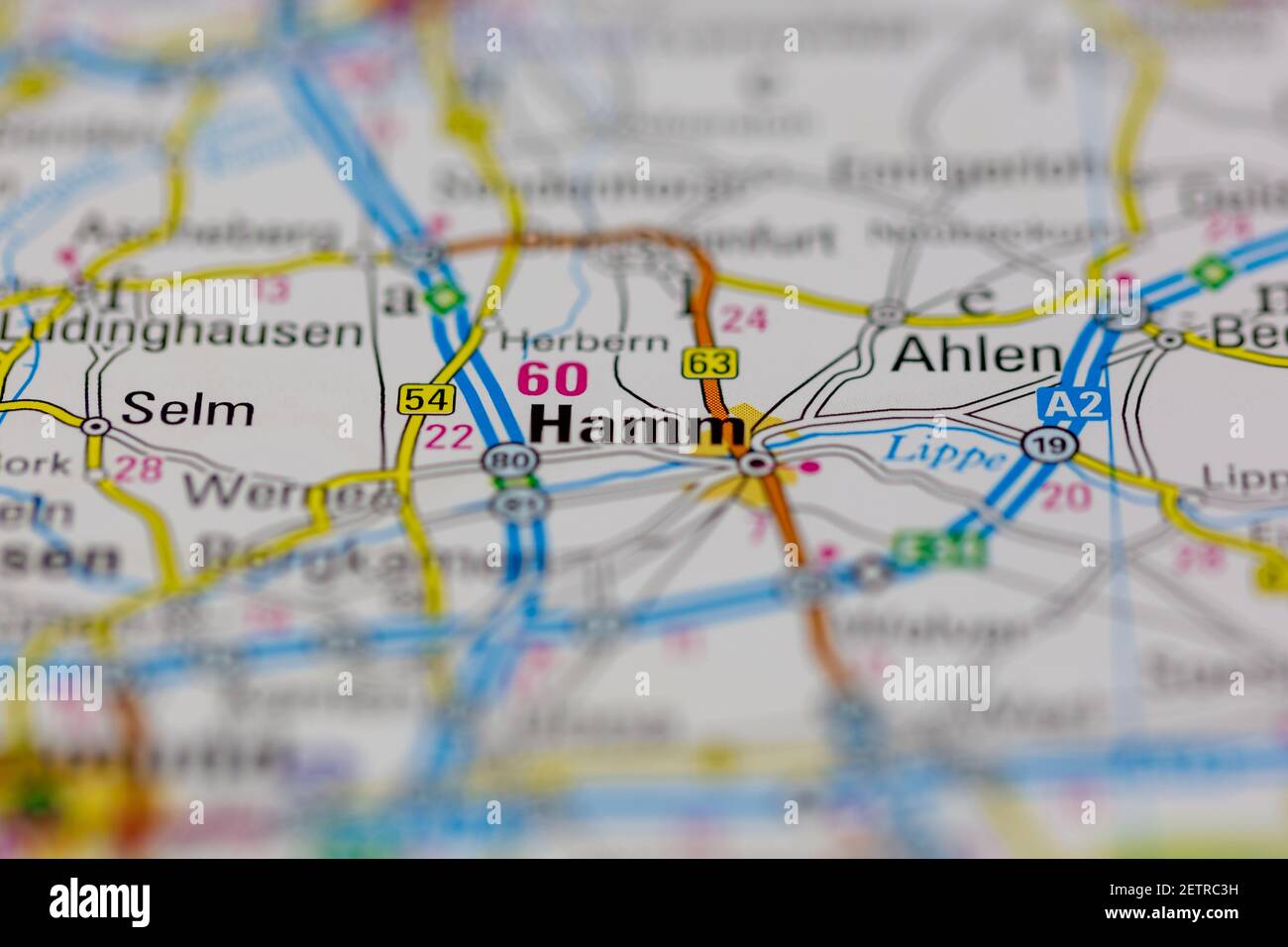 Hamm auf einer Straßenkarte oder Geografie Karte und angezeigt atlas Stockfotografie - Alamy