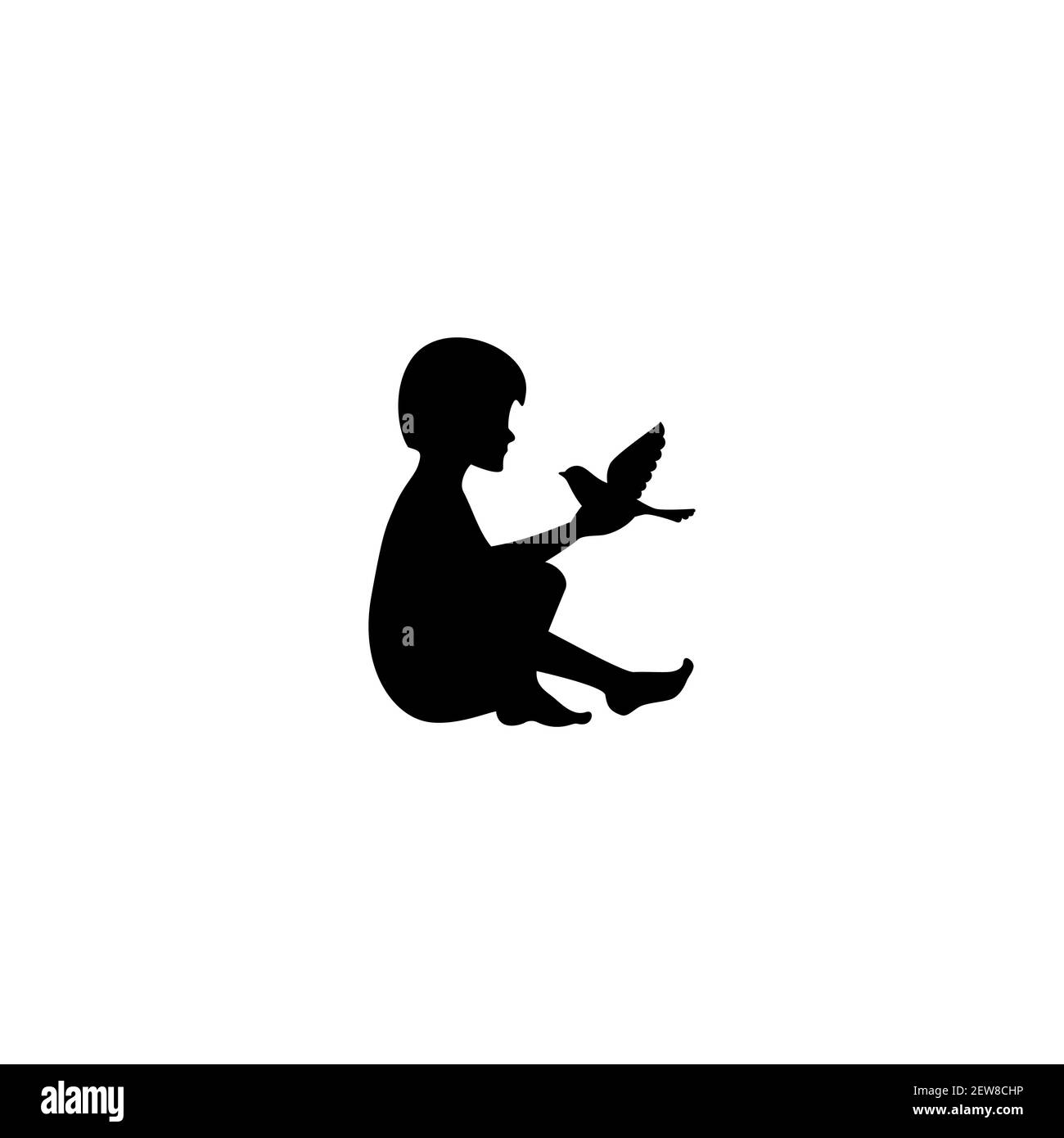 Kind mit Vogel. Schwarze Silhouette auf Weiß isoliert. Flaches Design ...