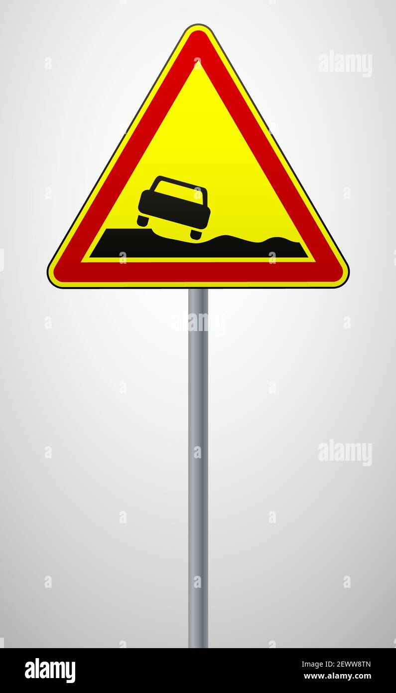 Warnschild gefährliche Straßenrand. Dreieckiges Zeichen auf einem ...