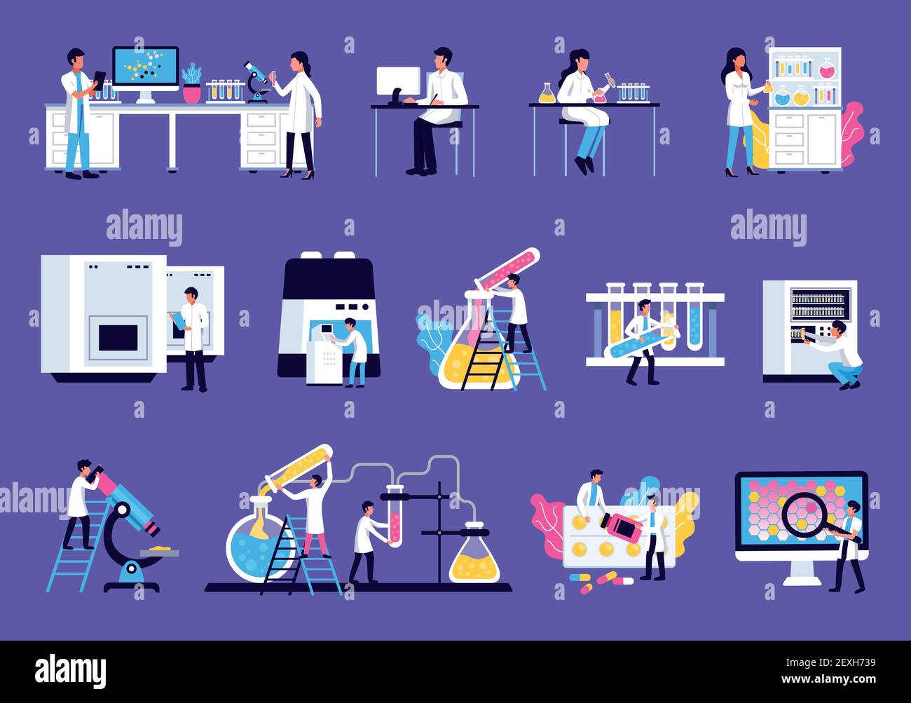 Labor-Set mit isolierten Bildern von Laborgeräten Möbel mit Bunte ...