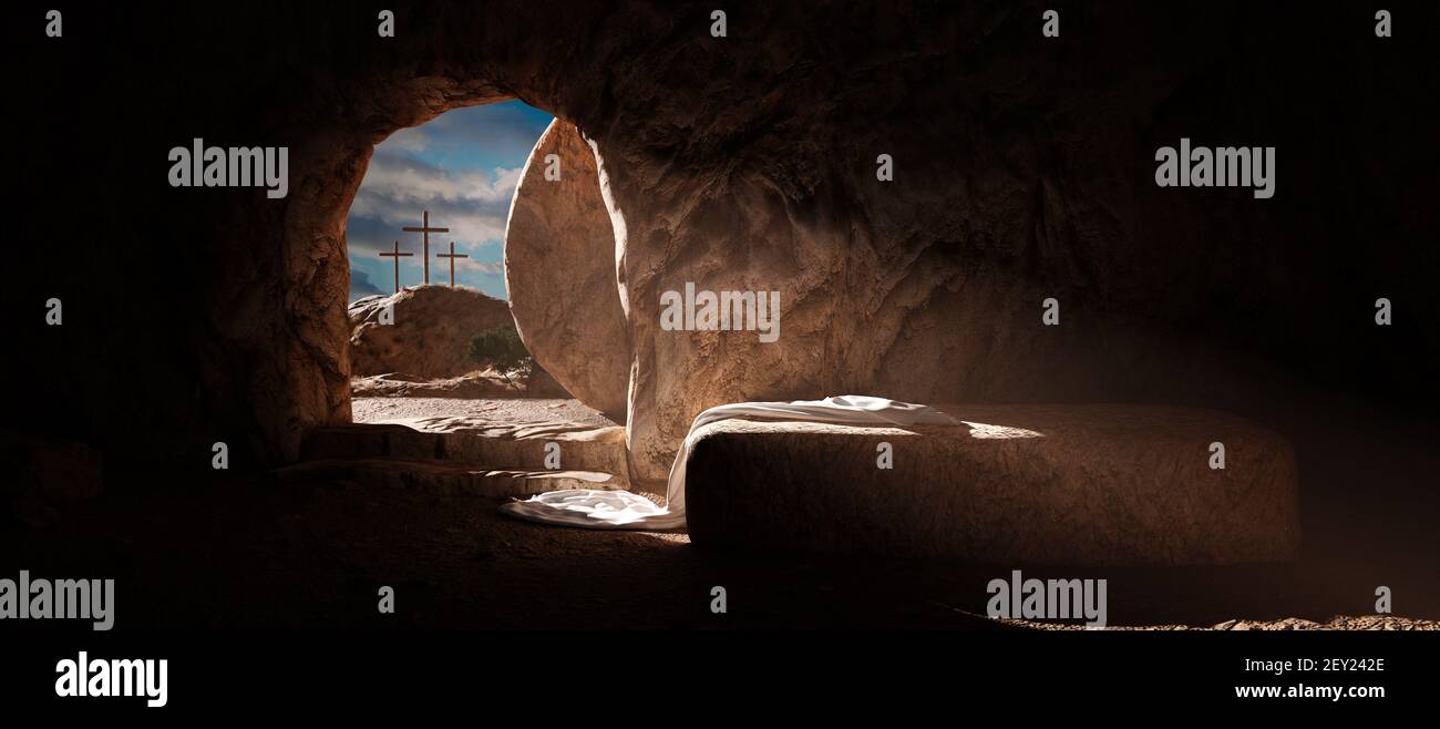 Kreuzigung und Auferstehung. Leeres Grab Jesu mit Kreuzen im Hintergrund. Ostern oder ...