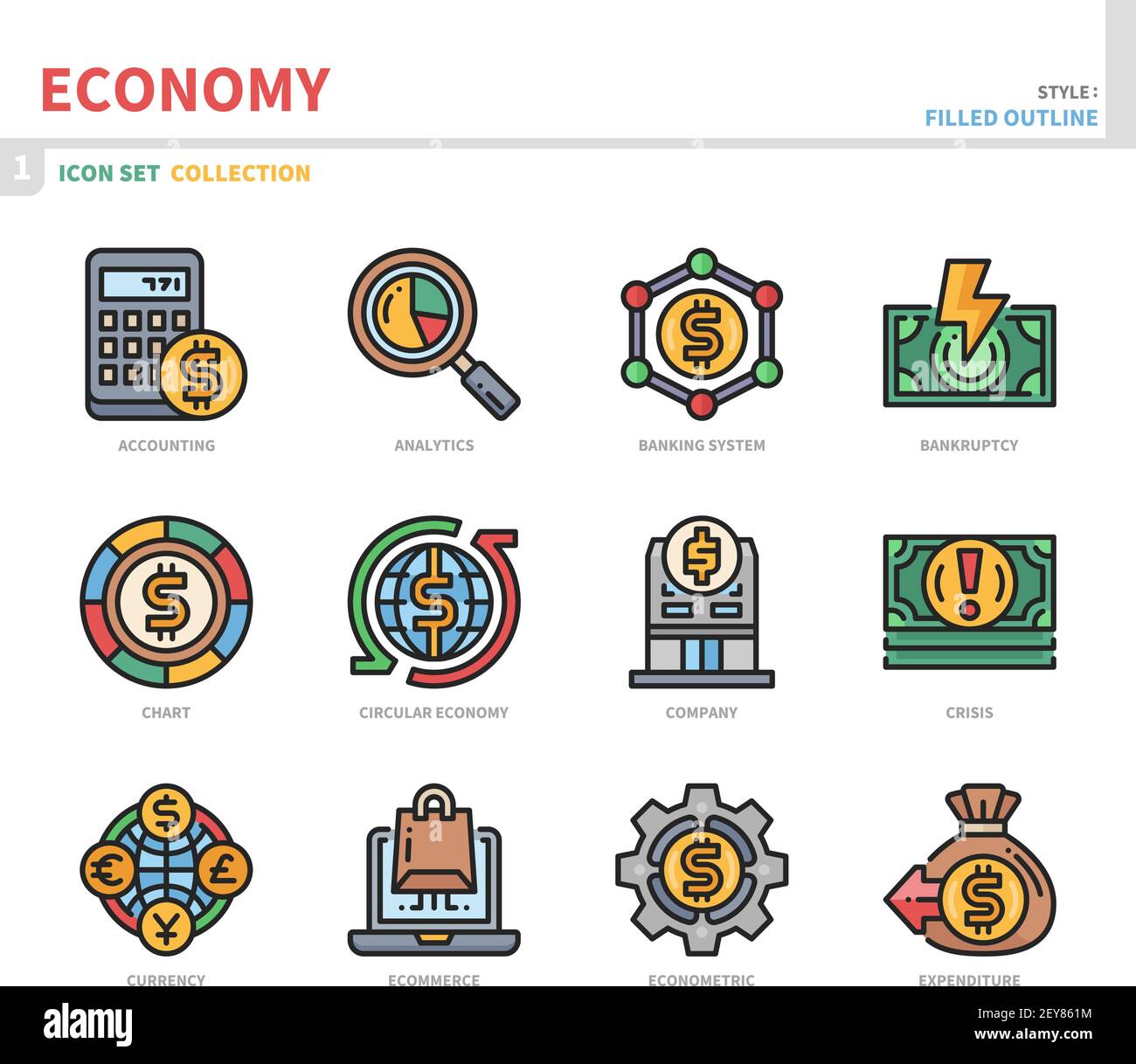 Economy Icon Set, ausgefüllter Umrissstil, Vektor und Illustration ...