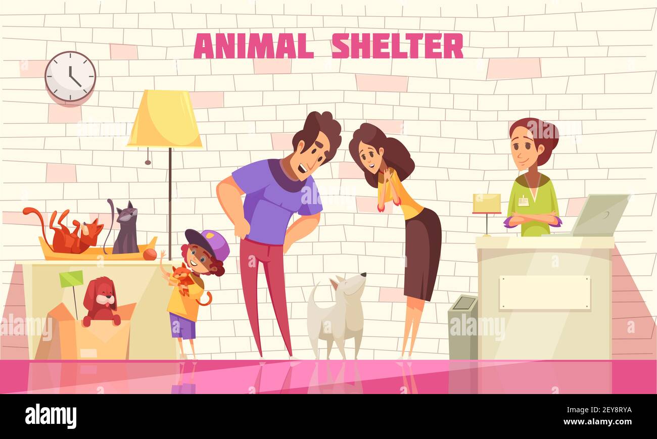 Glückliche Familie, bestehend aus Mutter Vater und kleinen Sohn adoptieren Hund aus Tierheim ...