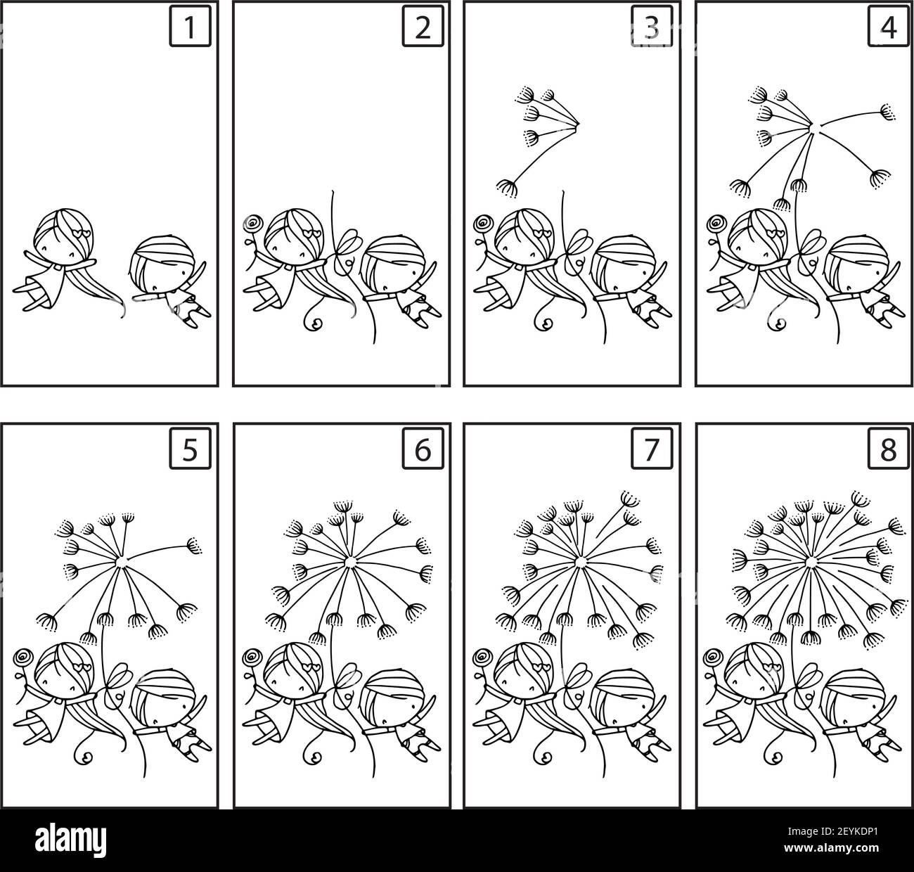vektor Cartoon Junge und Mädchen fliegen mit Löwenzahn Schritt für ...