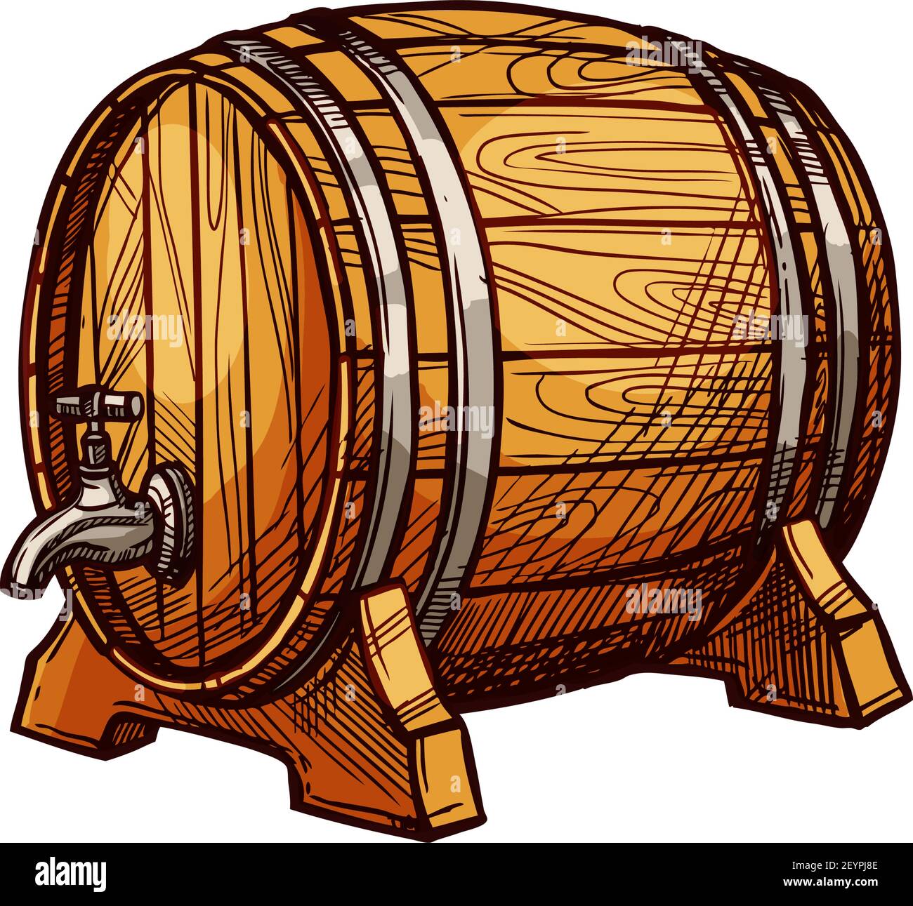 Fass mit Fass, Wein oder Bier Alkohol Getränke Fass isolierte Skizze ...