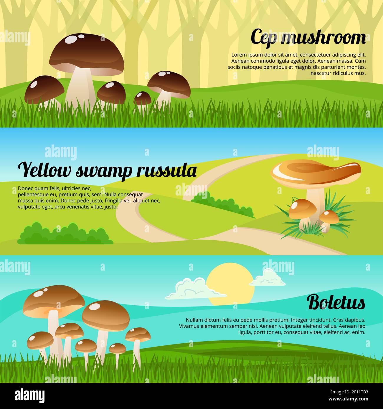 Drei horizontale Banner mit Cartoon-Pilzen und sommerliche Landschaften ...