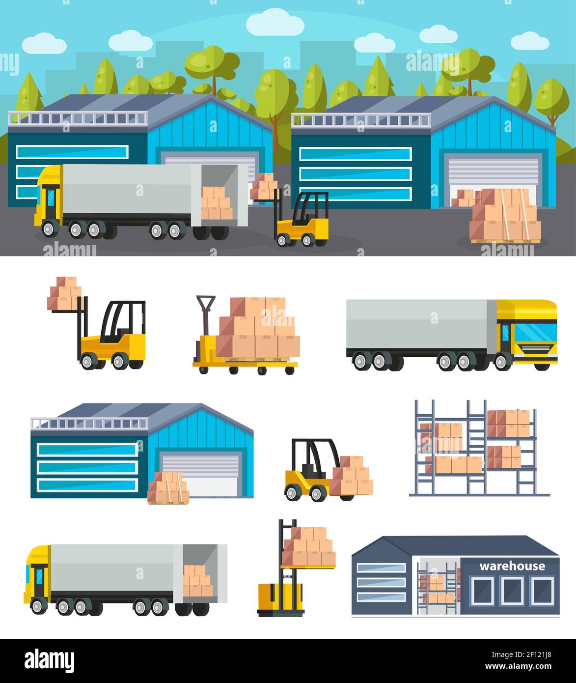 Lagerlogistik-Konzept mit Warenversand-Design und Satz Lagerhaus ...