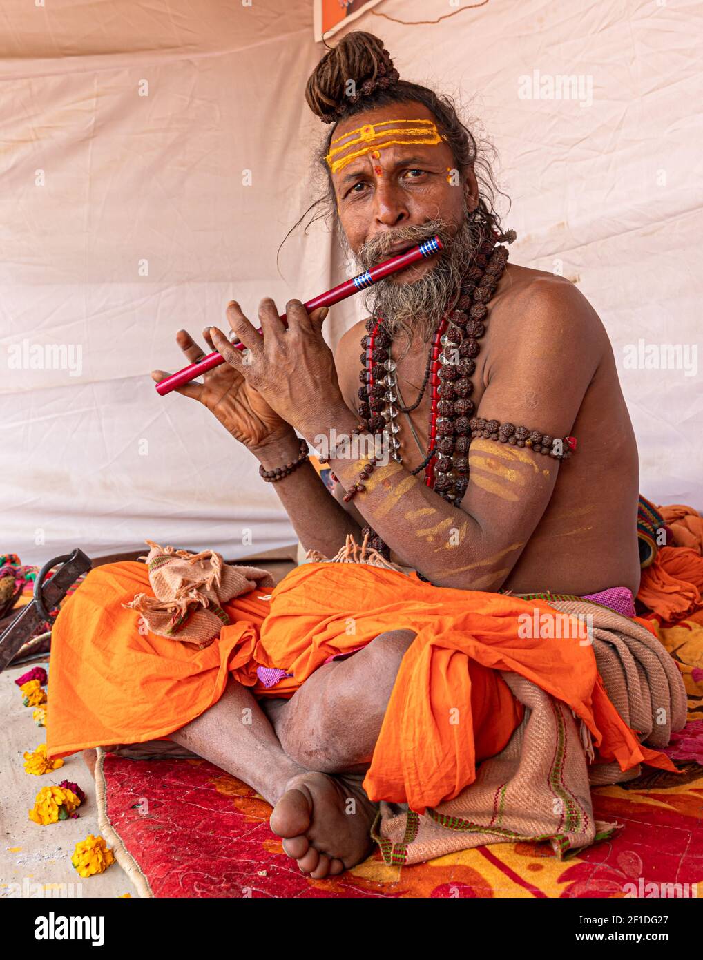 Porträt des Flötenspiels Sadhu in kumbh mela.kumbh ist die größte Gemeinde der Erde ...