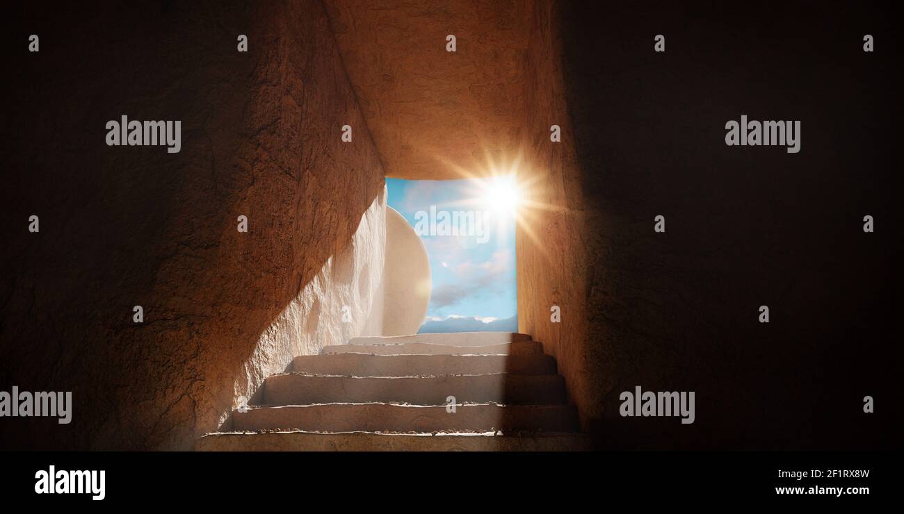 Kreuzigung und Auferstehung. Leeres Grab Jesu mit Kreuzen im Hintergrund. Ostern oder ...