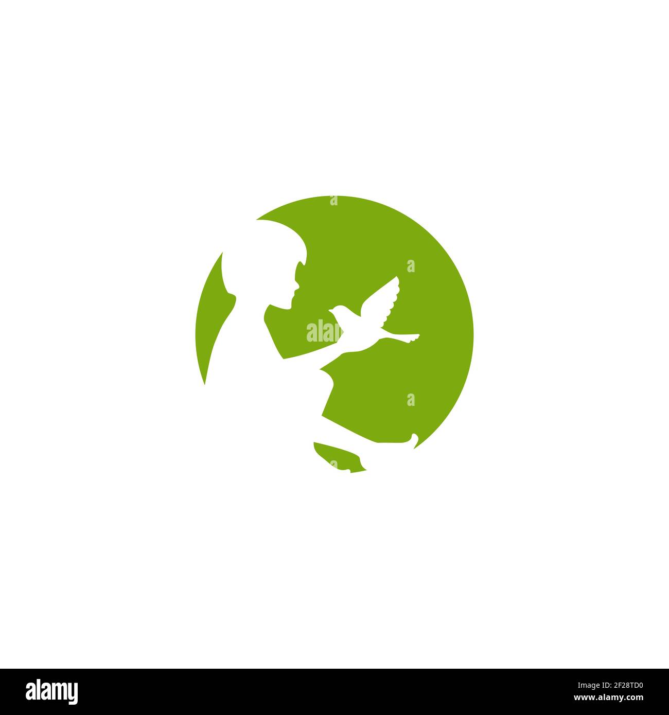 Kind mit Vogel. Weiße Silhouette im grünen Kreis isoliert auf weiß ...