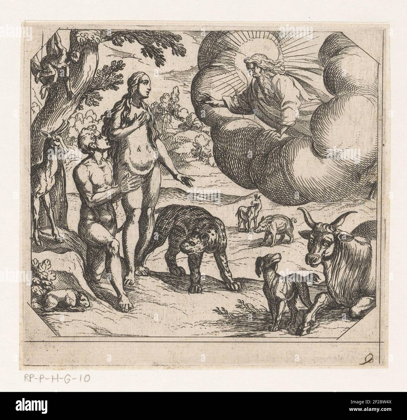 Adam und Eva im Paradies; die Schöpfung. Der Vater stellt Adam und Eva ...