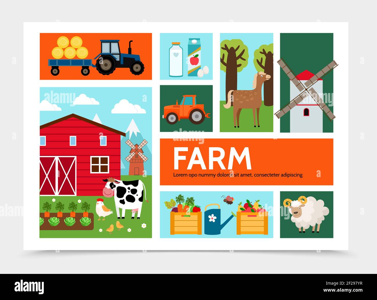 Flat Farming Infografik Konzept mit Traktor Transport Heupferd Schafe ...
