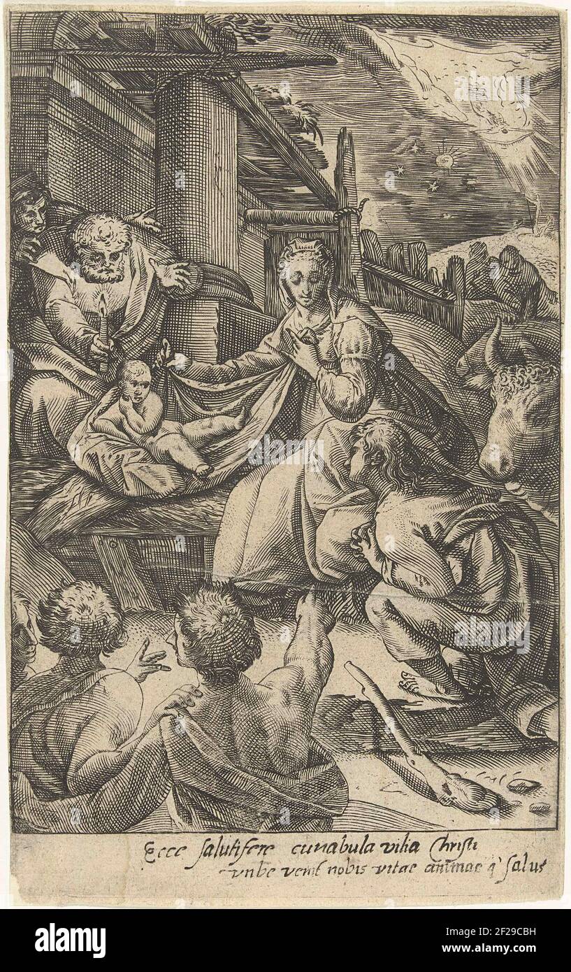 Die Anbetung durch die Hirten (Lukas 2: 8-20). Die Hirten scheren um das Christuskind, das in ...