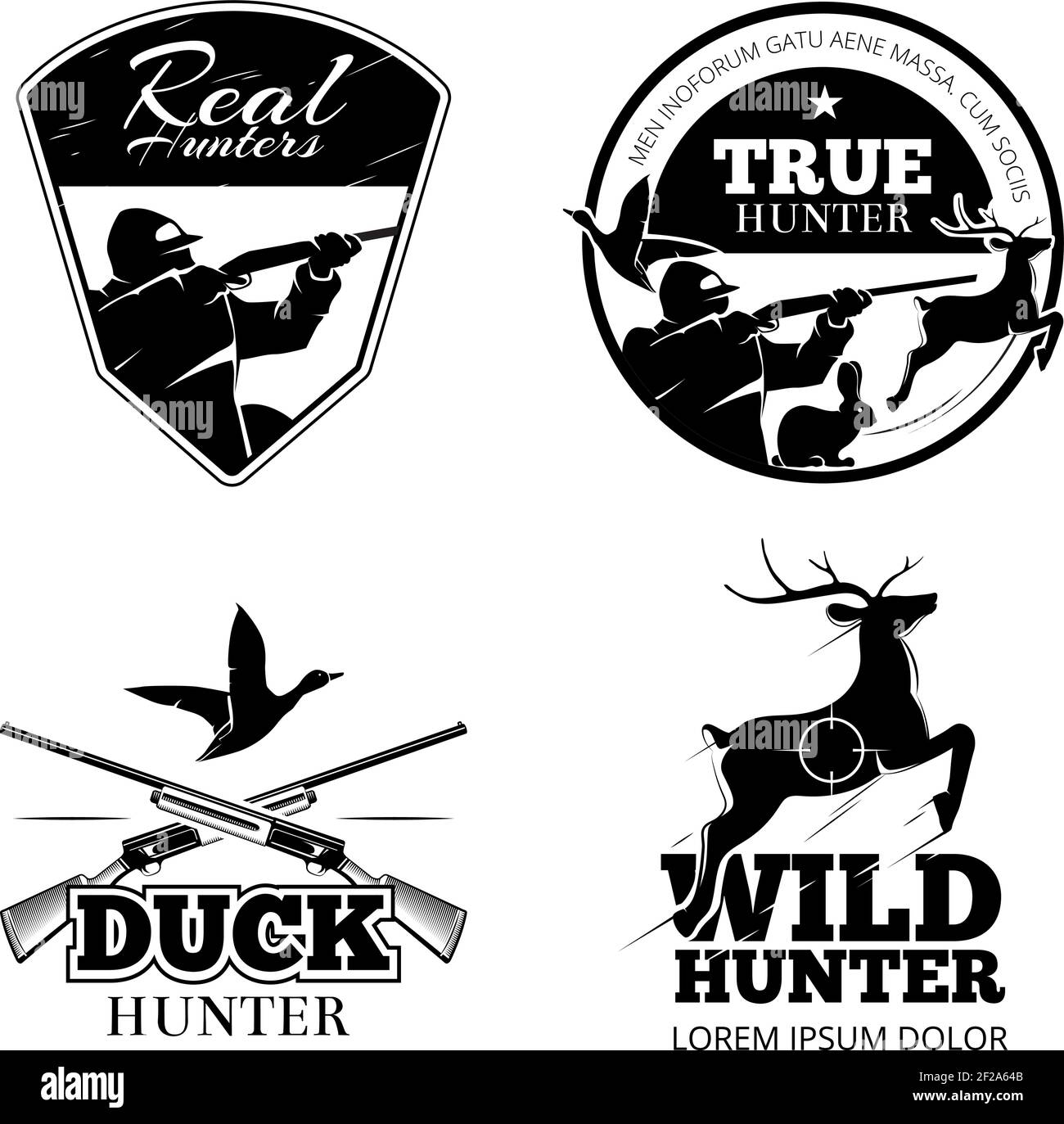 Jagdverein Vektor-Etiketten und Embleme Set. Tier Hirsch, Gewehr und ... Jagdverein Vektor-Etiketten und Embleme Set. Tier Hirsch, Gewehr und ...