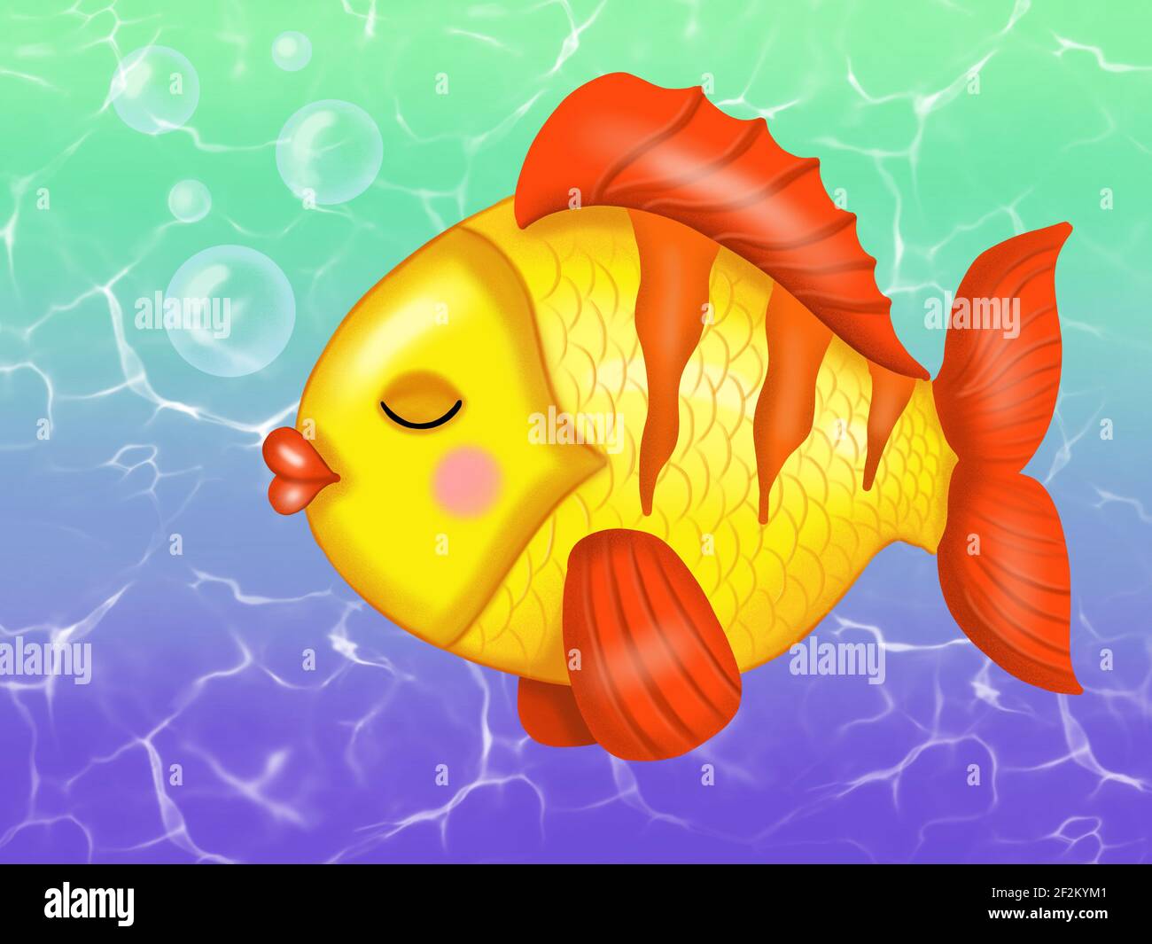 Ein gelber Fisch mit roten Flossen und Schwanz schwimmt hinein Das Meer ...