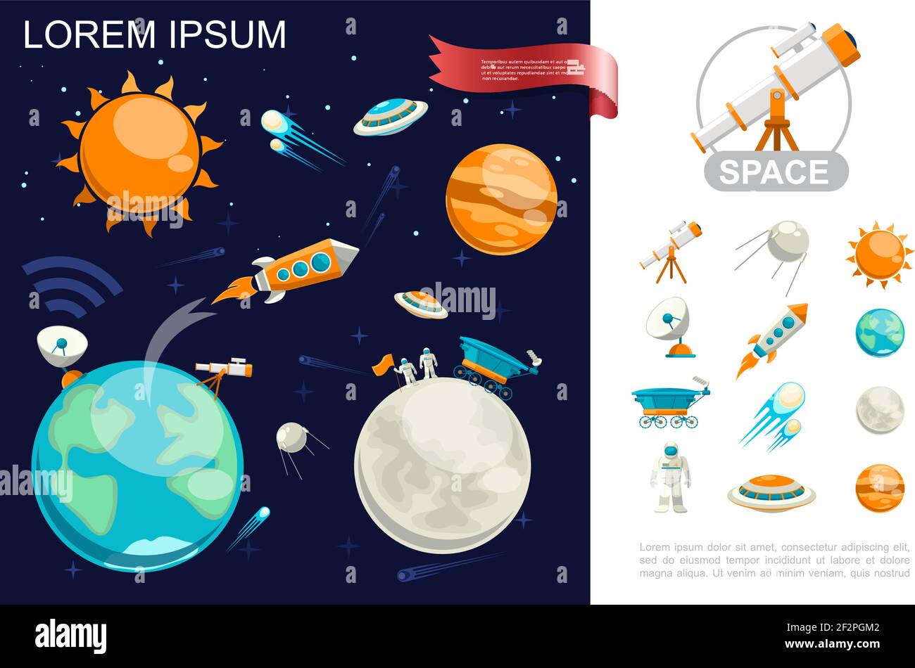 Flachraumkonzept mit Planeten Sonnen-Astronauten auf Mond-Raumschiff ...