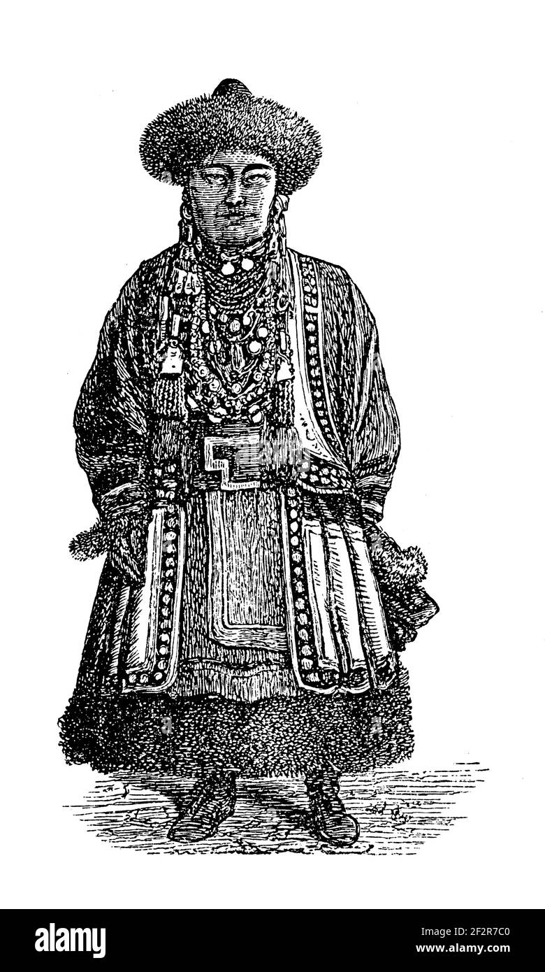 Antike Illustration einer Burjat-Frau. Gravur veröffentlicht in ...