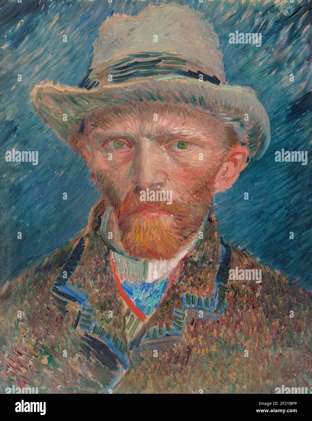 Selbstporträt von Vincent van Gogh. Büste mit braunem Mantel und grauem ...