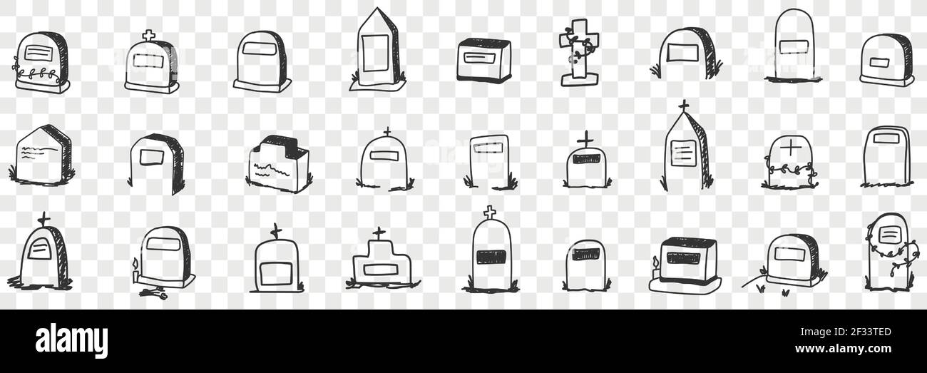 Denkmal auf Grab-Doodle-Set. Sammlung von handgezeichneten ...