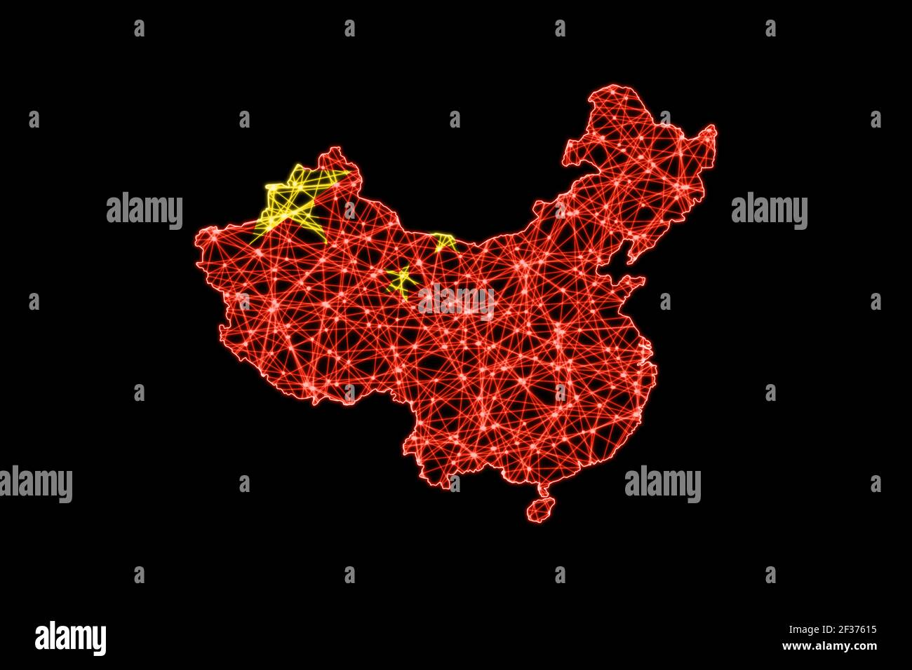 Karte von China, Polygonale Netzlinienkarte, Flaggenkarte ...