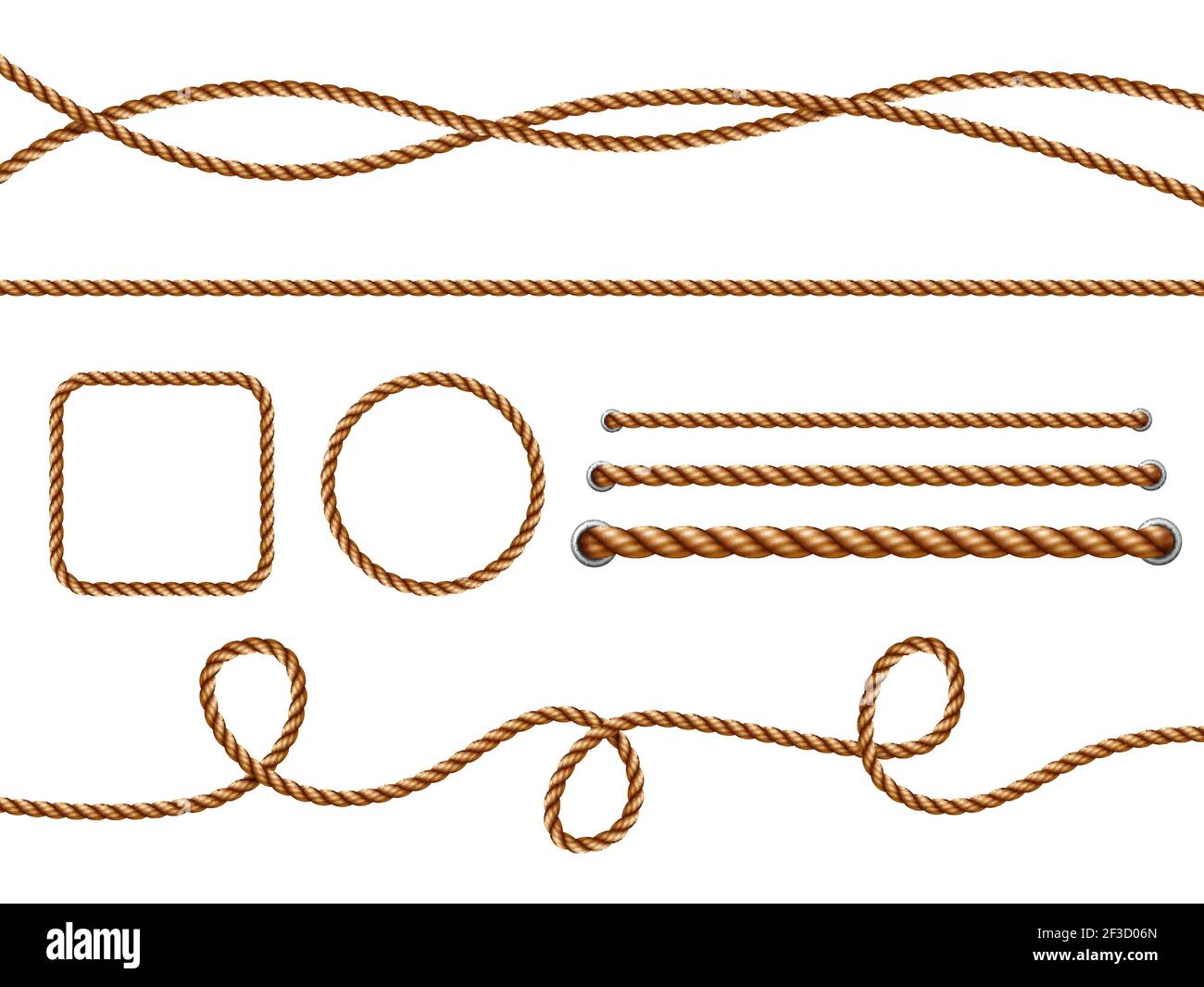 Realistische Seile. Gelbe oder braune geschwungene nautische Seile mit ...