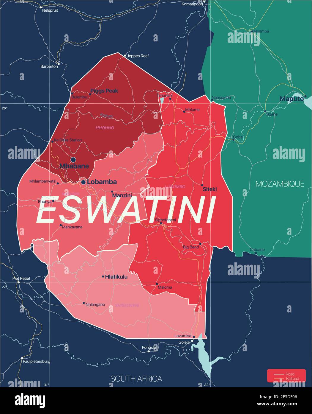 Eswatini ex Swasiland Land detaillierte editierbare Karte mit Regionen ...
