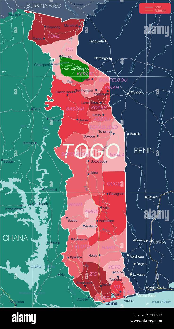 Togo Land detaillierte editierbare Karte mit Regionen Städte und ...