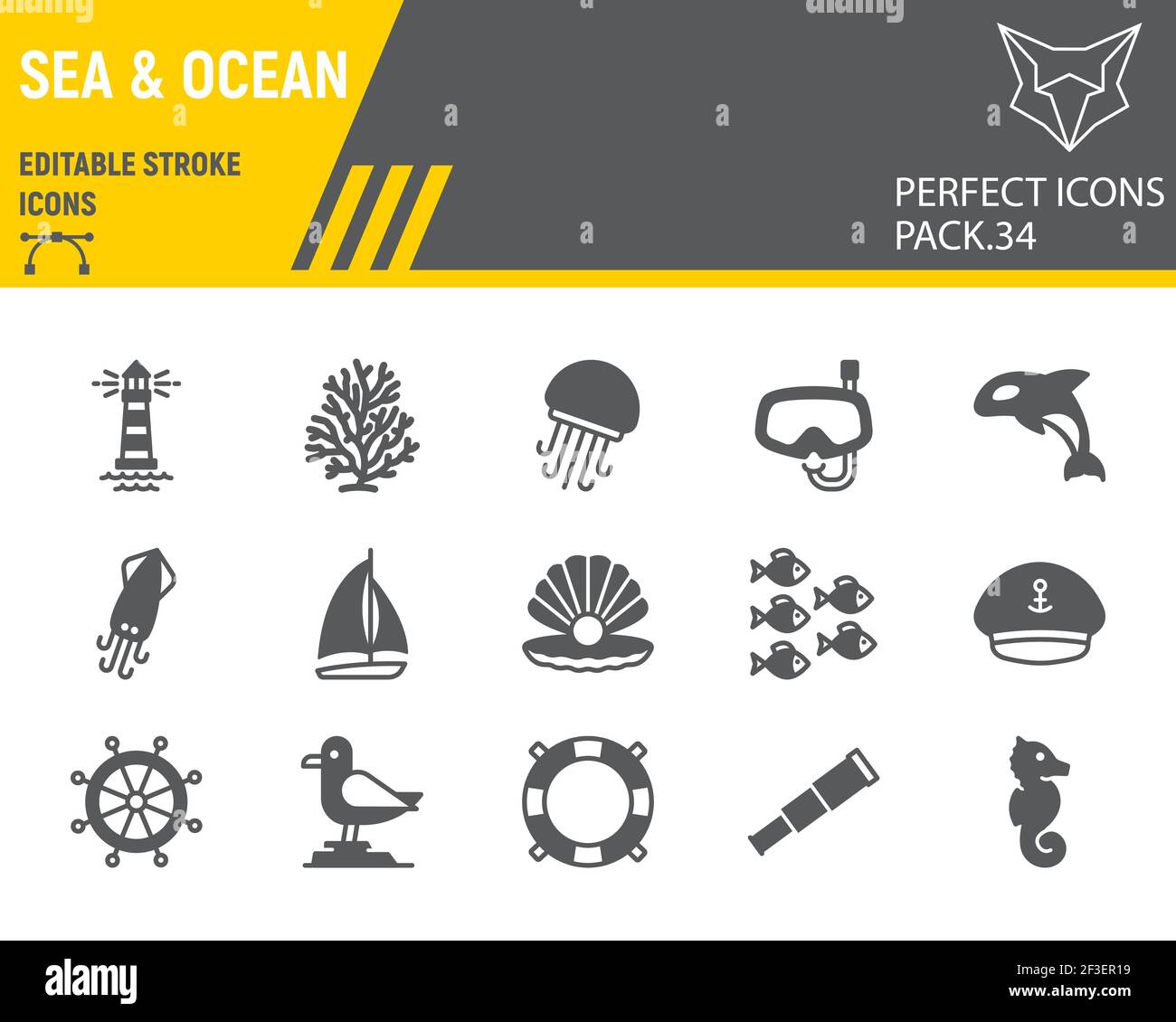 Meer und Ozean Glyphen Icon Set, Ozean Tiere Sammlung, Vektorgrafiken ...