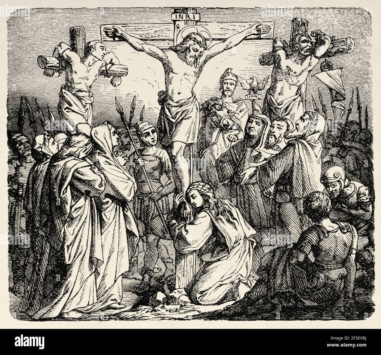 Die Kreuzigung Christi. Gekreuzigter Jesus, der mit zwei Verbrechern am Kreuz hing, Lukas 23 ...