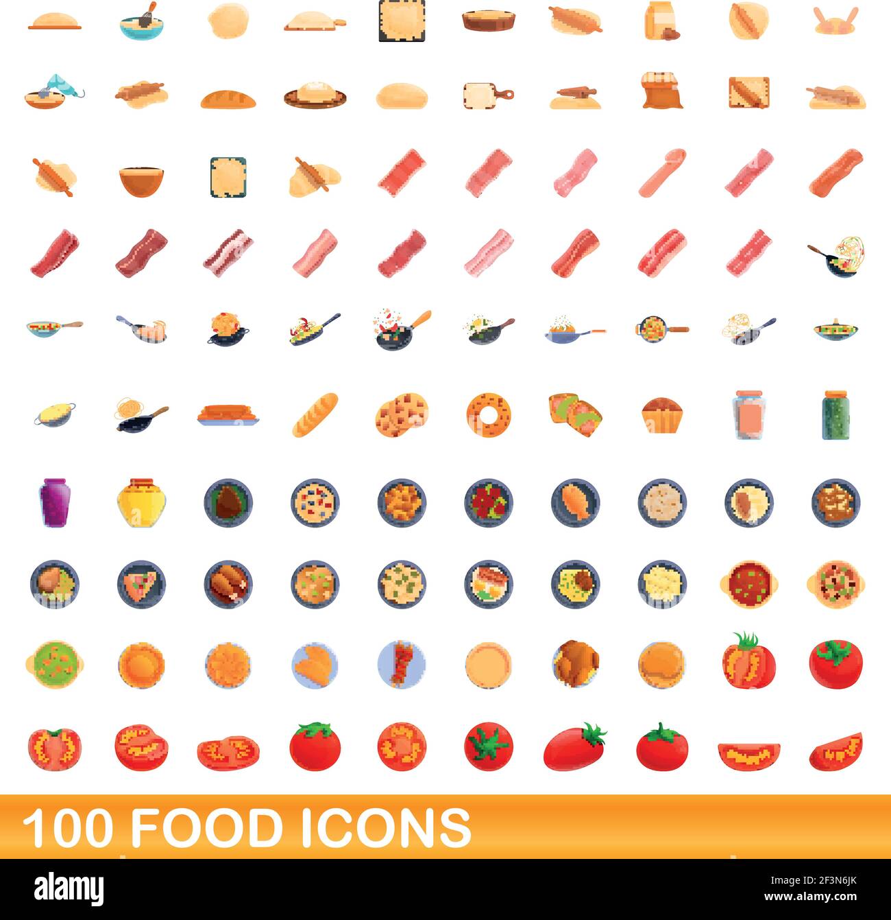 100 Essen Symbole gesetzt. Cartoon Illustration von 100 Essen Symbole ...