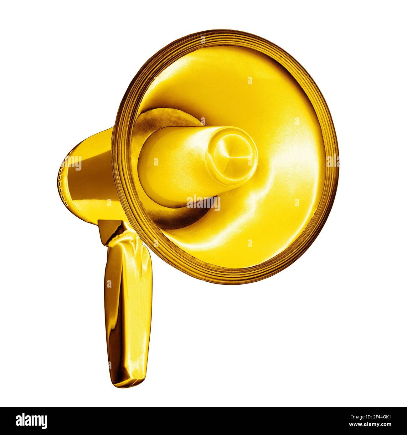 Goldenes Megaphon weißer Hintergrund isoliert Nahaufnahme, Gold Metall ...
